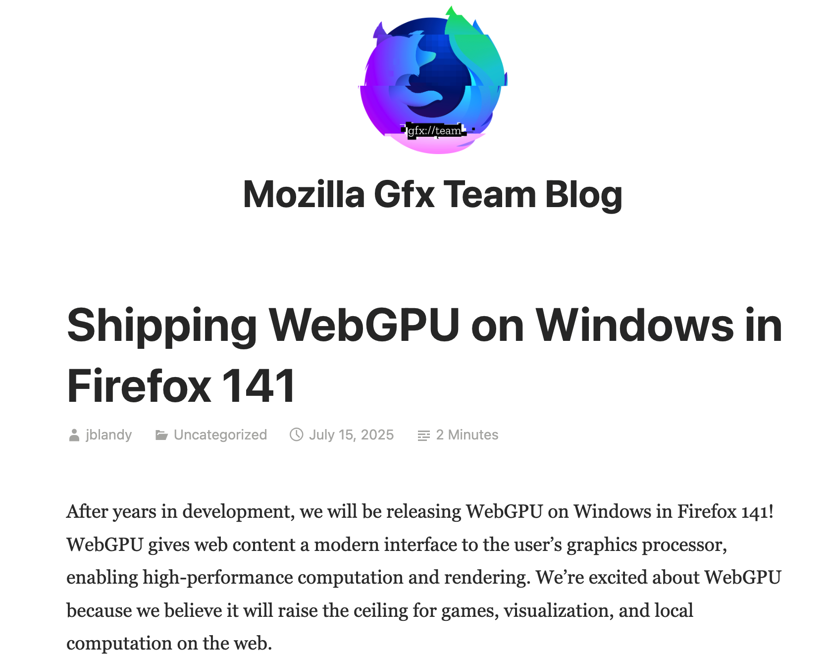 Firefox 141 在 Windows 平台正式支持 WebGPU - OSCHINA - 中文开源技术交流社区